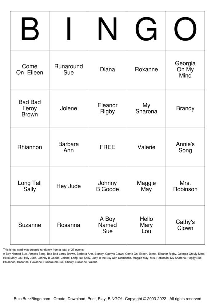 Songs With A Name In Title Bingo Cards To Download Print And Customize Songs With A Name In Title Bingo Cards To Download Print And Customize