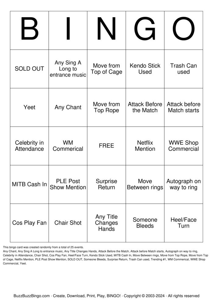 WWE WARGAMES Bingo Cards to Download, Print and Customize!