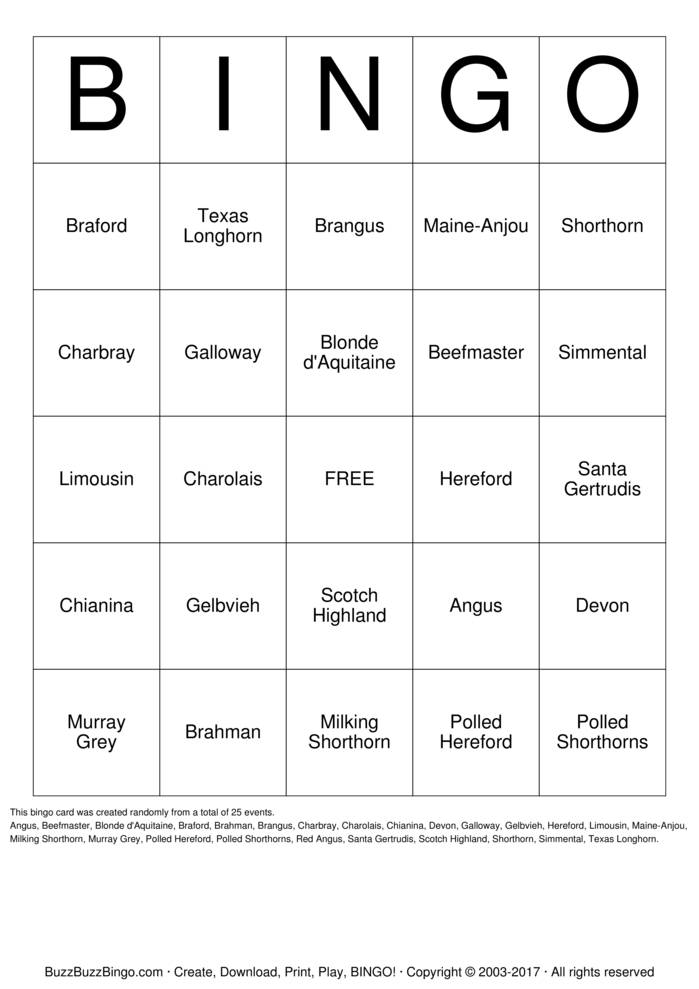 cattle Bingo Cards to Download, Print and Customize!