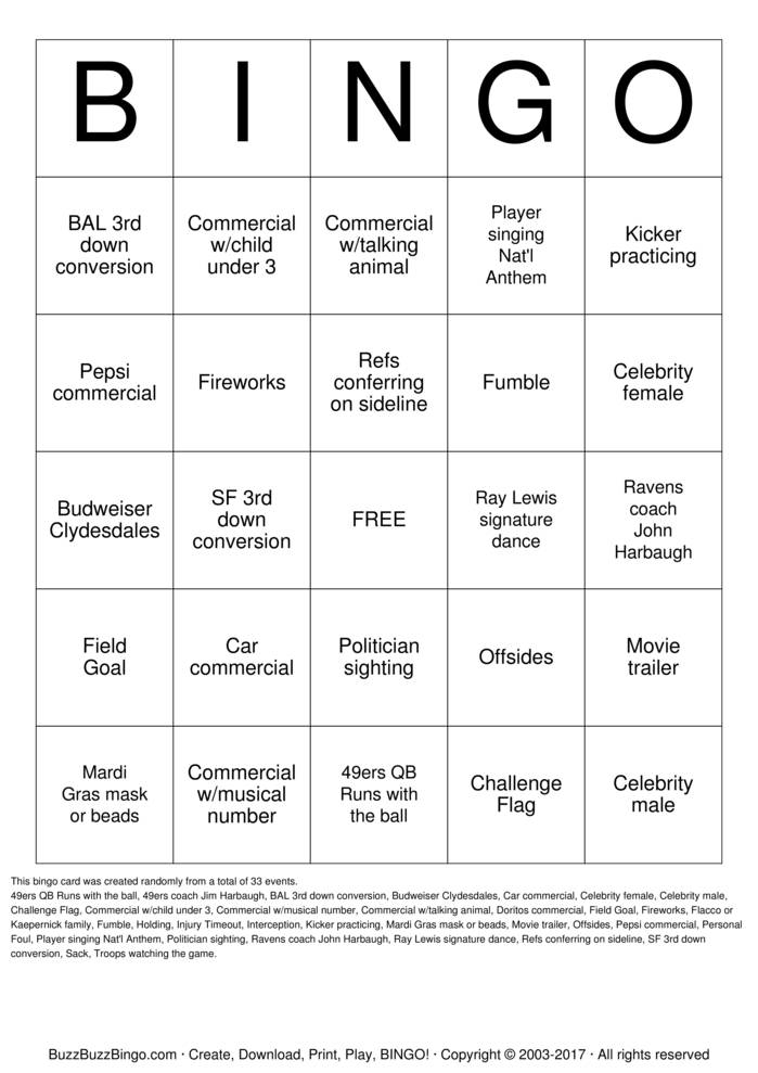 2013 Superbowl BAL vs SF Bingo Cards to Download, Print and Customize!