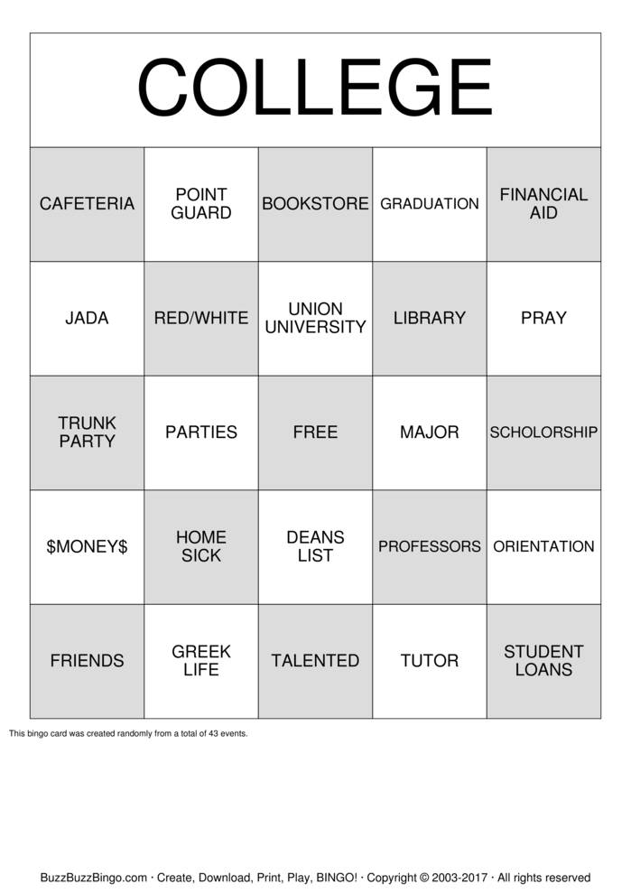 College Bingo Cards to Download, Print and Customize!