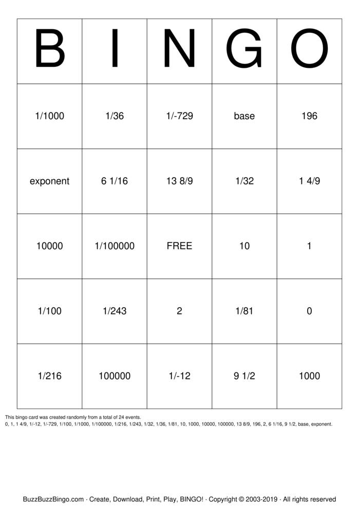 Exponents Bingo Cards to Download, Print and Customize!