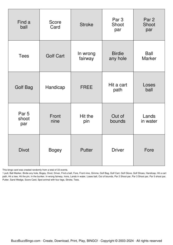 Golfs Bingo Cards to Download, Print and Customize!
