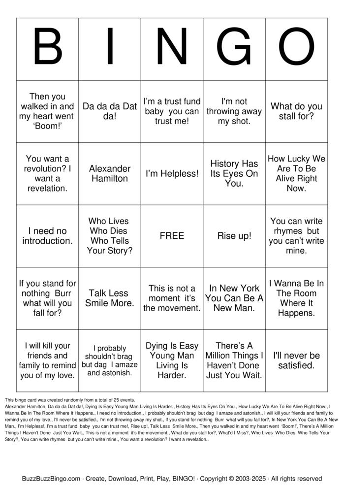 Hamilton Bingo Cards to Download, Print and Customize!