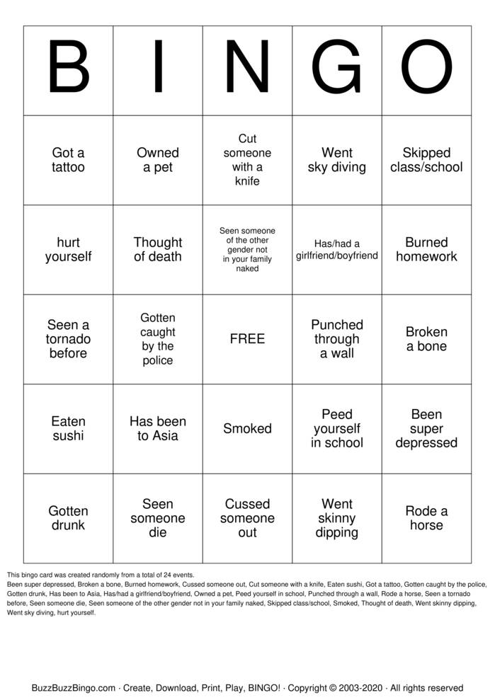 Have you ever...? Extreme Bingo Cards to Download, Print and Customize!