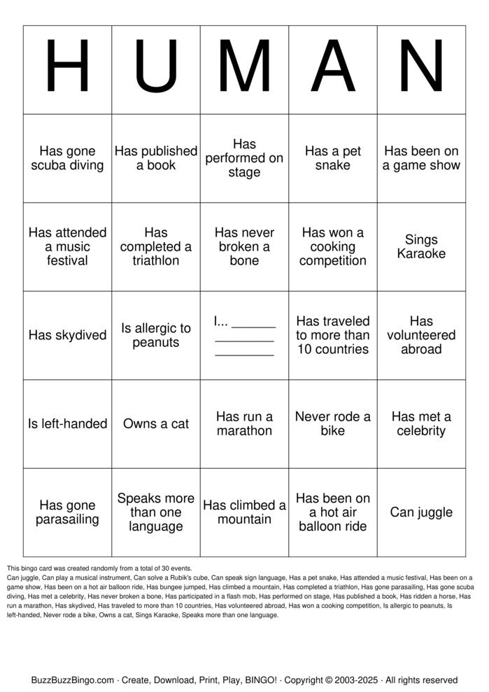 Human Bingo Cards to Download, Print and Customize!