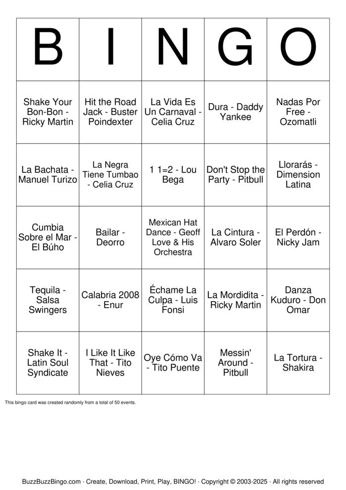 Latin Dance Music Bingo Cards to Download, Print and Customize!