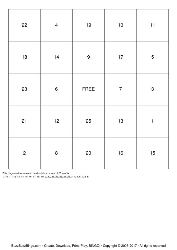 Numbers 1-25 Bingo Cards to Download, Print and Customize!