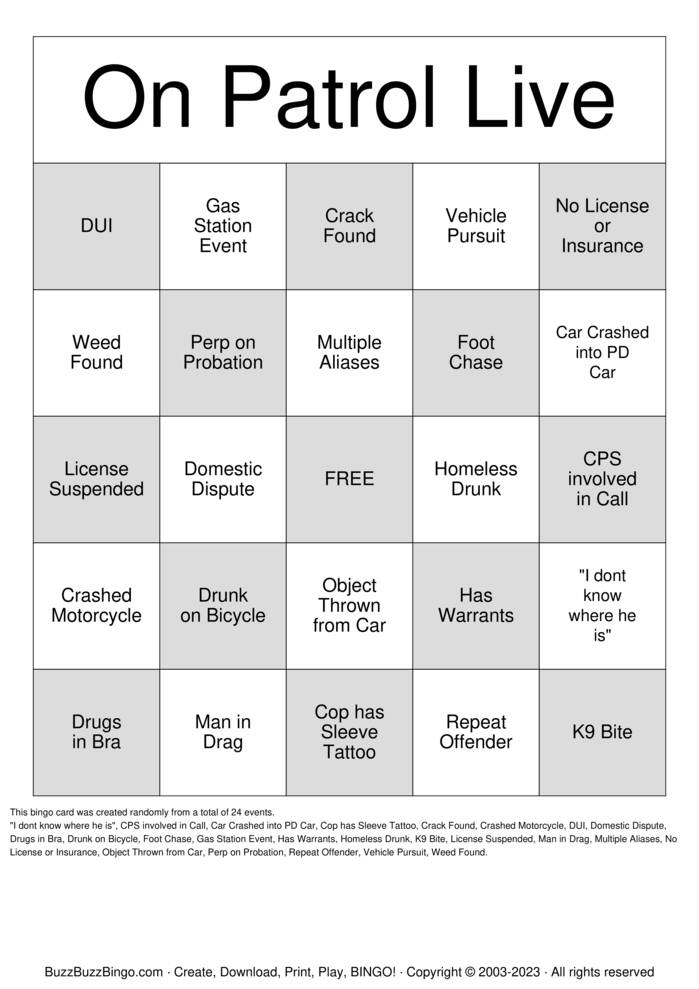 On Patrol Live Bingo Cards to Download, Print and Customize!