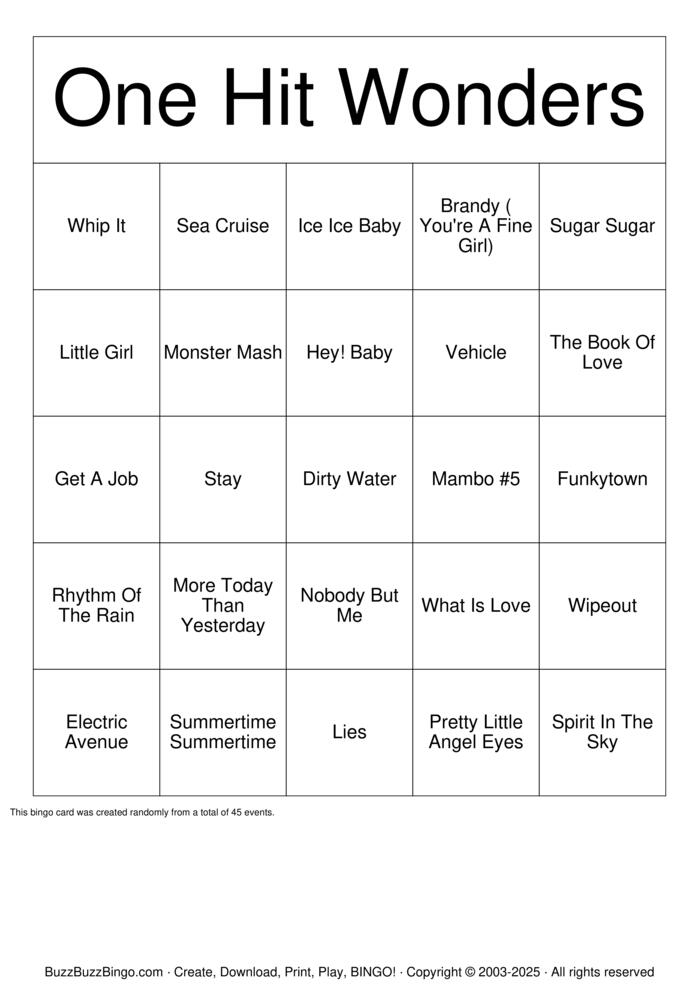 One Hit Wonders Bingo Cards to Download, Print and Customize!