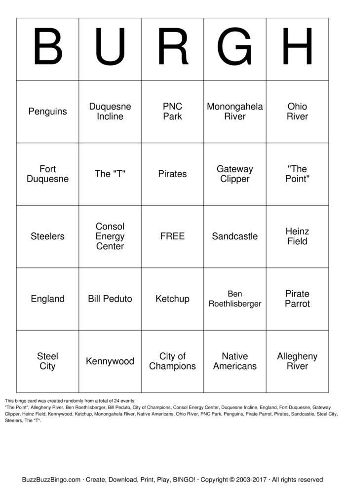 Pittsburgh Bingo Cards to Download, Print and Customize!