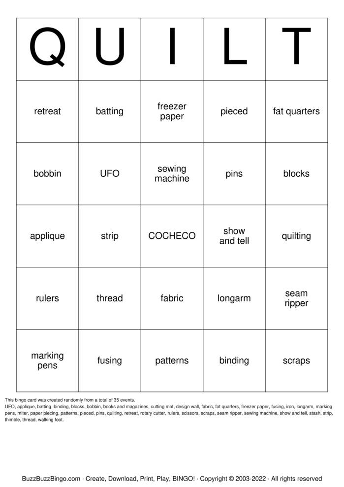 QUILT Bingo Cards to Download, Print and Customize!