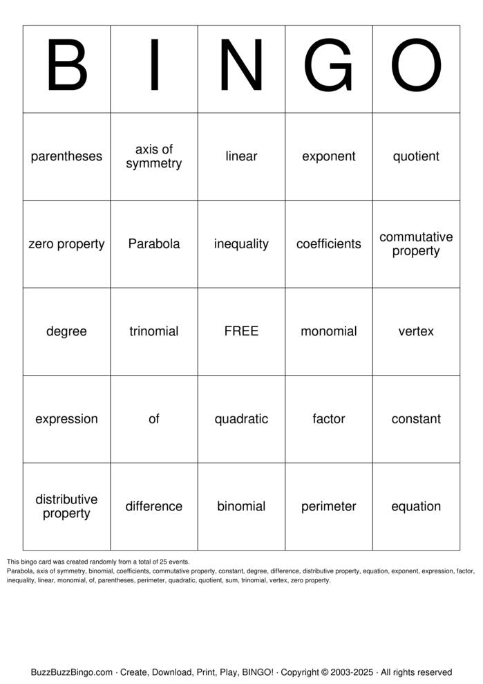 Quadratics Bingo Cards to Download, Print and Customize!