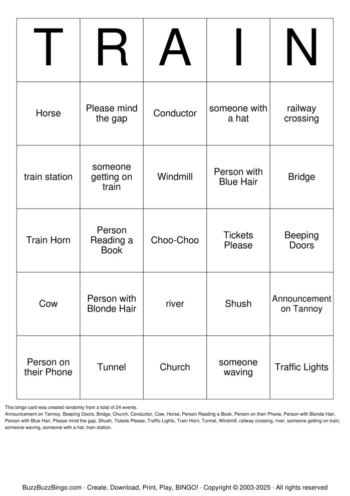 TRAIN Bingo Cards to Download, Print and Customize!