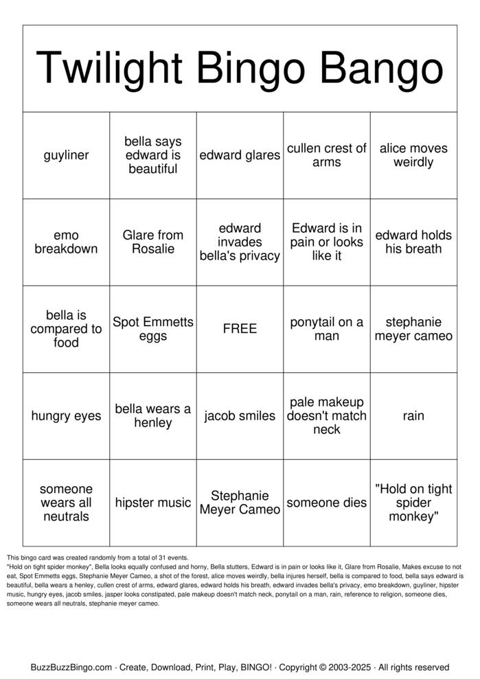 TWILIGHT BINGO Bingo Cards to Download, Print and Customize!