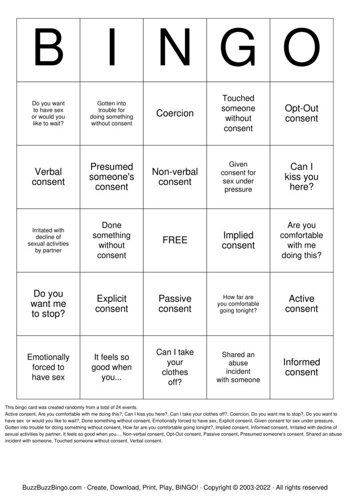 Consent Bingo Bingo Cards to Download, Print and Customize!
