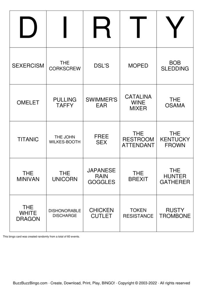DIRTY BINGO Bingo Cards to Download, Print and Customize!