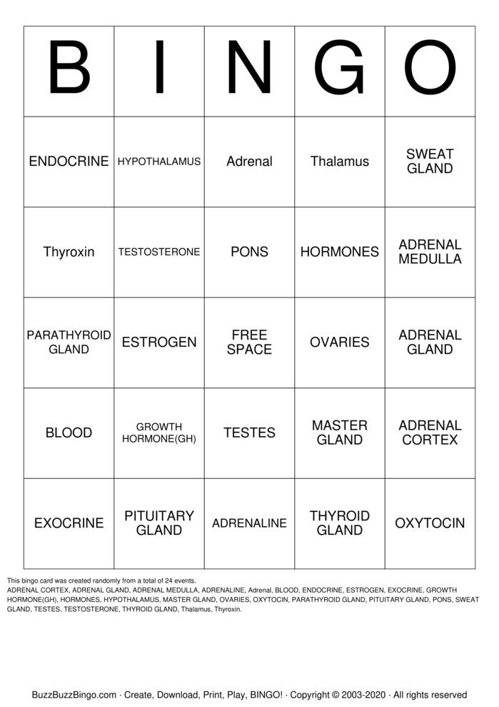Endocrine System Bingo Cards to Download, Print and Customize!