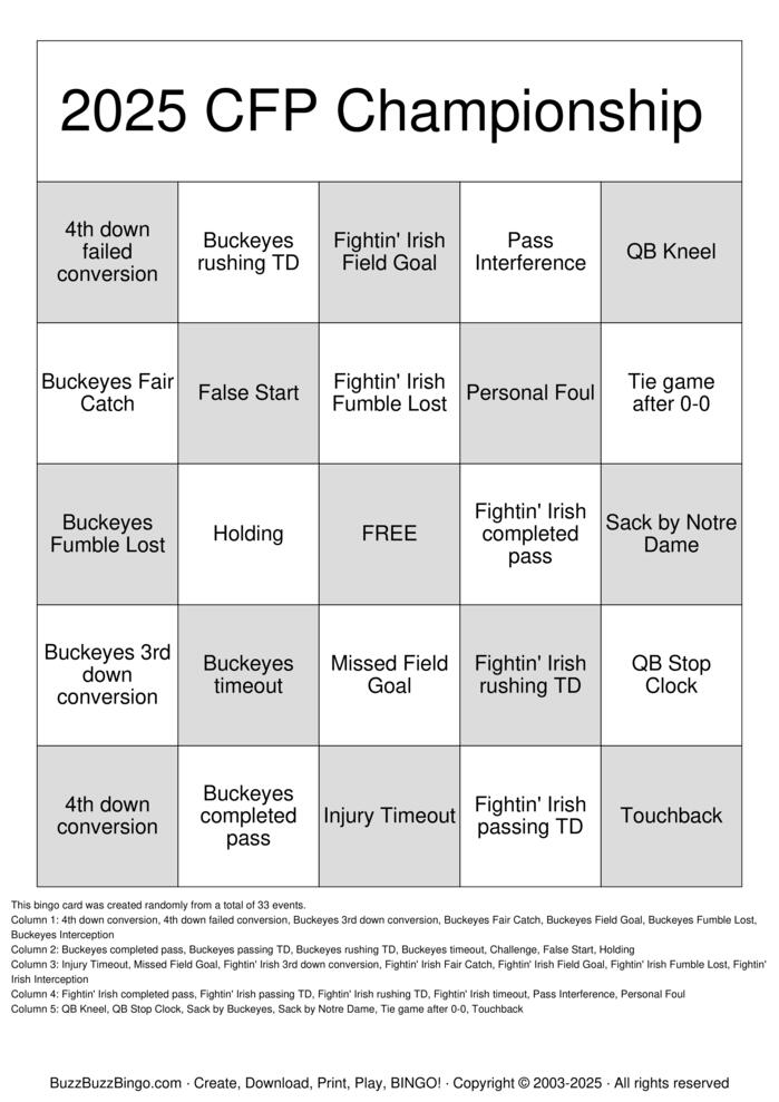 Fightin' Irish vs Buckeyes Bingo Cards to Download, Print and Customize!