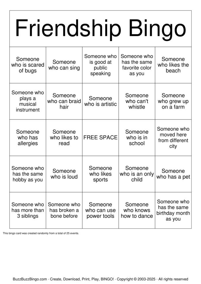 Friendship Bingo Bingo Cards to Download, Print and Customize!