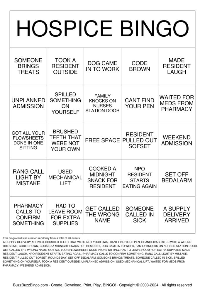 HOSPICE BINGO Bingo Cards to Download, Print and Customize!