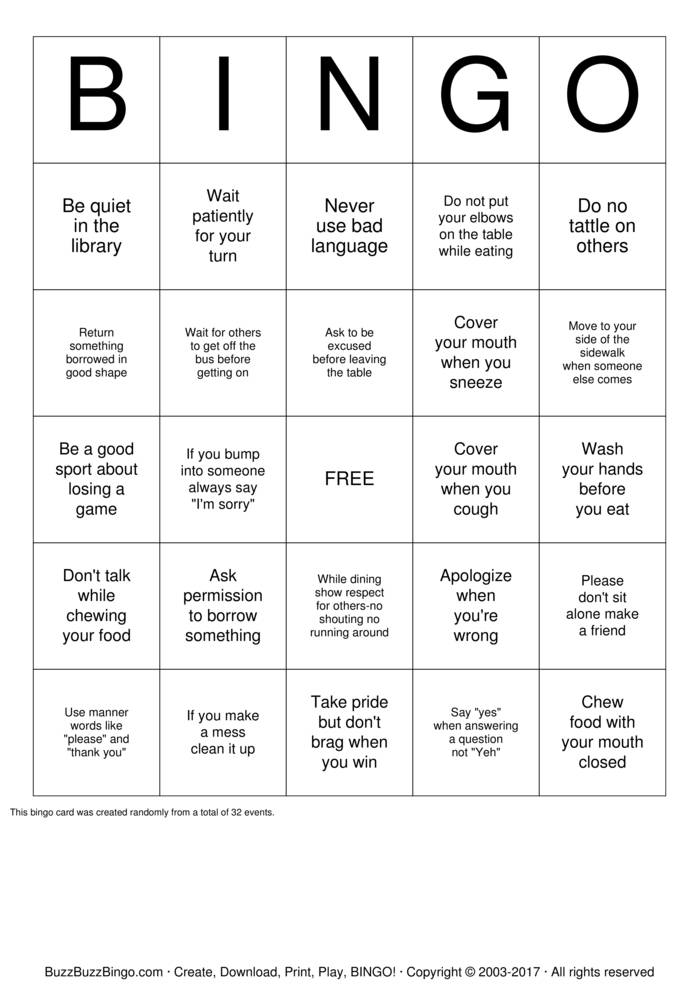 Manners Bingo Cards to Download, Print and Customize!
