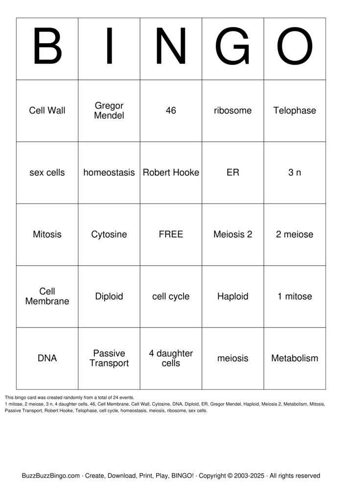 Meiosis Bingo Cards to Download, Print and Customize!