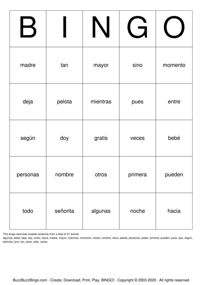 Palabras de uso frecuente Bingo Cards to Download, Print and Customize!