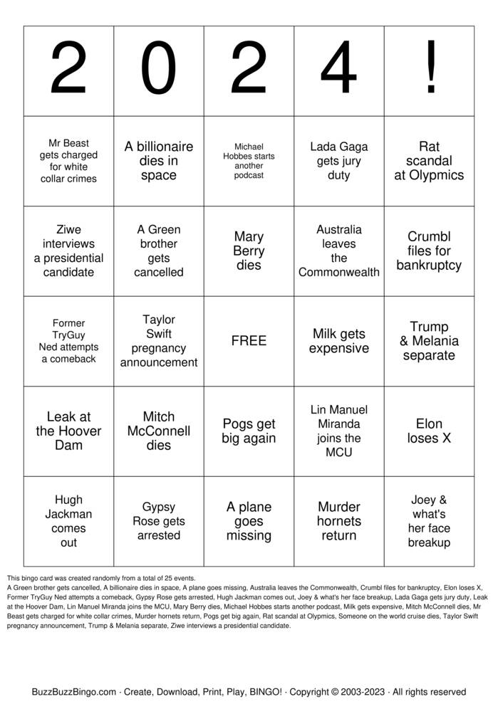 2024! Bingo Cards to Download, Print and Customize!