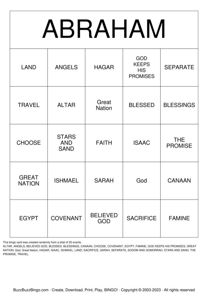 ABRAHAM Bingo Cards to Download, Print and Customize!