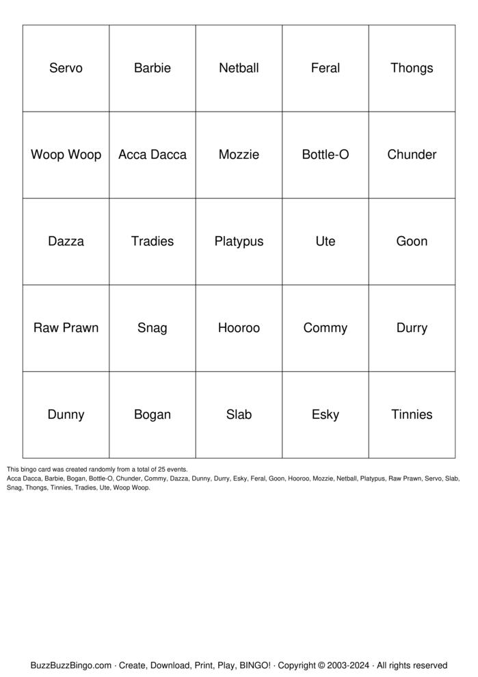 Bogan Bingo Cards to Download, Print and Customize!