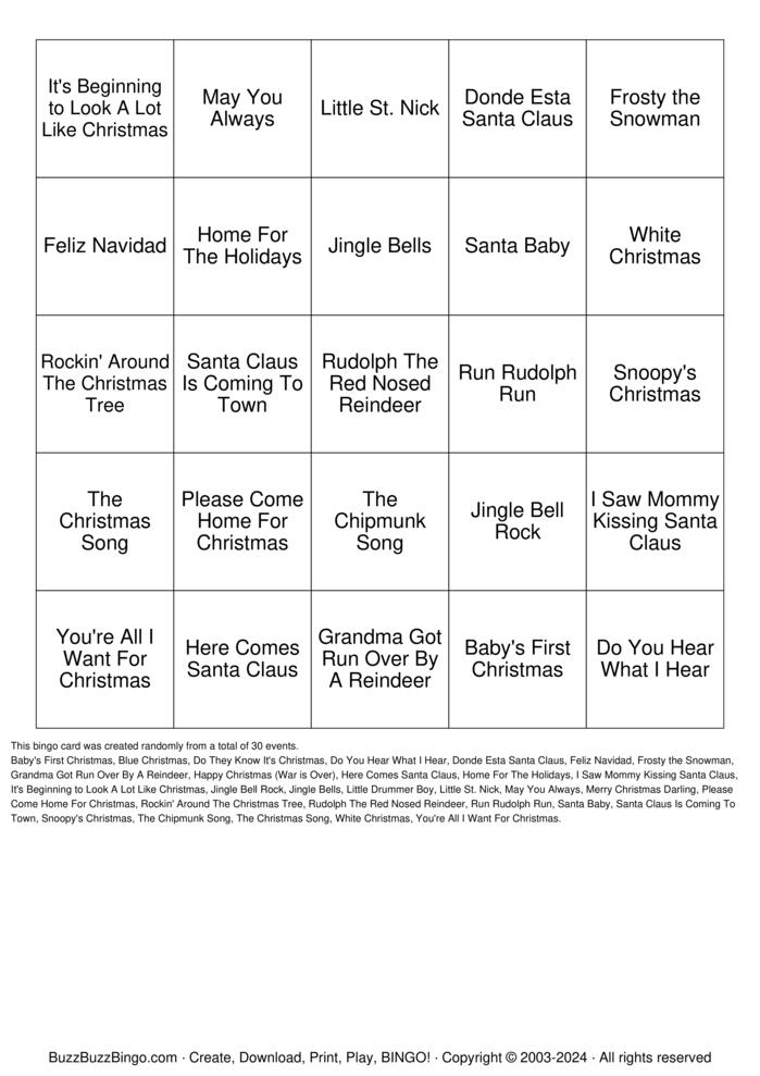 Christmas Songs Bingo Cards to Download, Print and Customize!