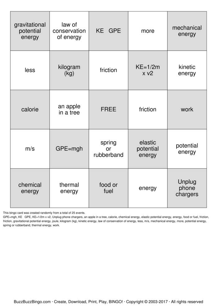Conserving Energy BINGO Bingo Cards to Download, Print and Customize!