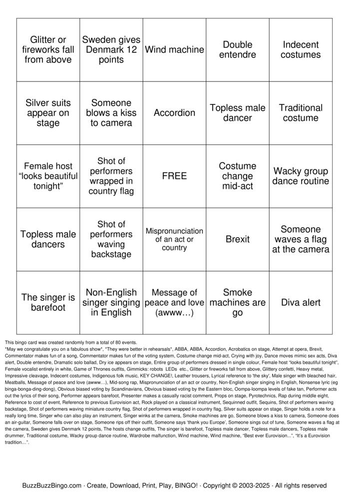 EUROVISION! Bingo Cards to Download, Print and Customize!