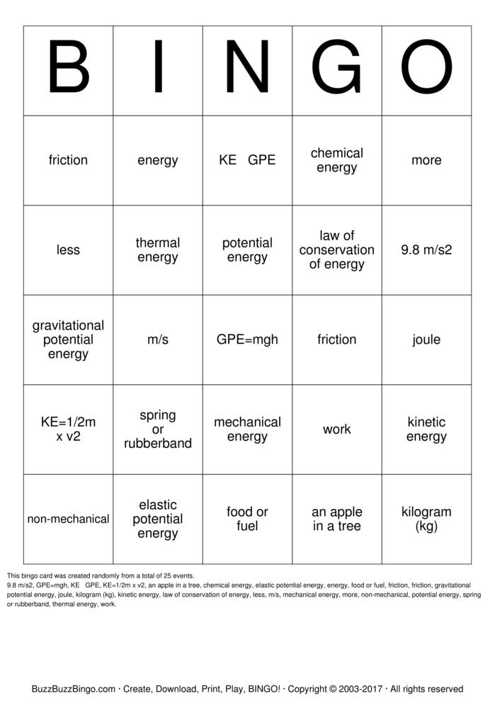 Energy BINGO Bingo Cards to Download, Print and Customize!