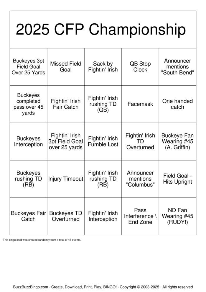 Fightin' Irish vs Buckeyes Bingo Cards to Download, Print and Customize!