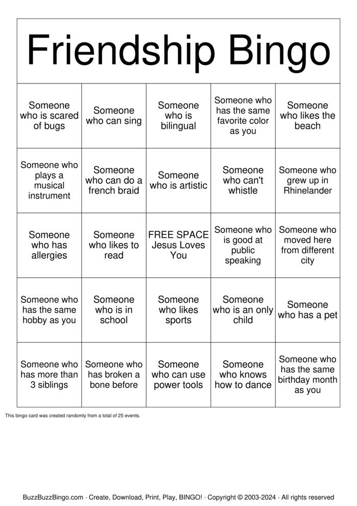 Friendship Bingo Bingo Cards to Download, Print and Customize!