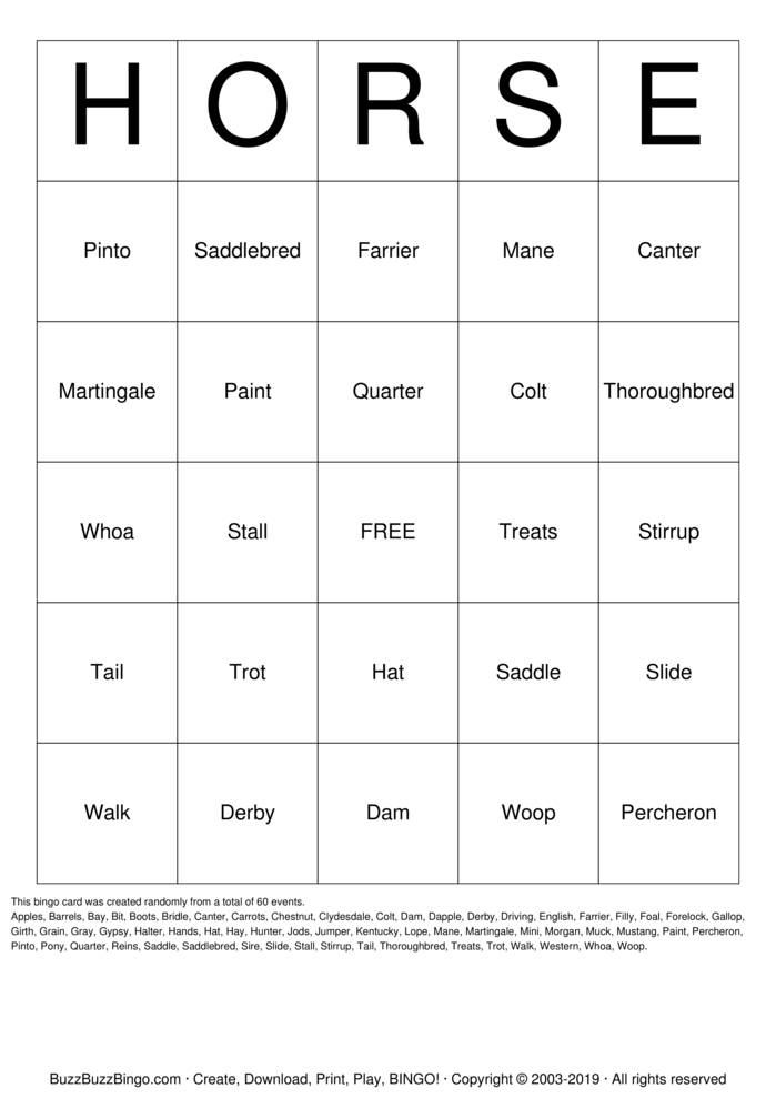 HORSE Bingo Cards to Download, Print and Customize!