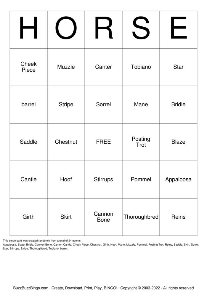HORSE Bingo Cards to Download, Print and Customize!