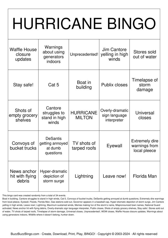 HURRICANE BINGO Bingo Cards to Download, Print and Customize!