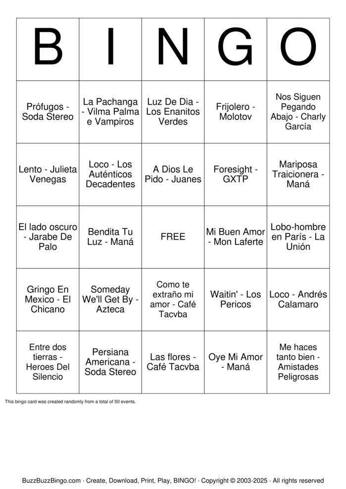 Latin Rock Music Bingo Cards to Download, Print and Customize!