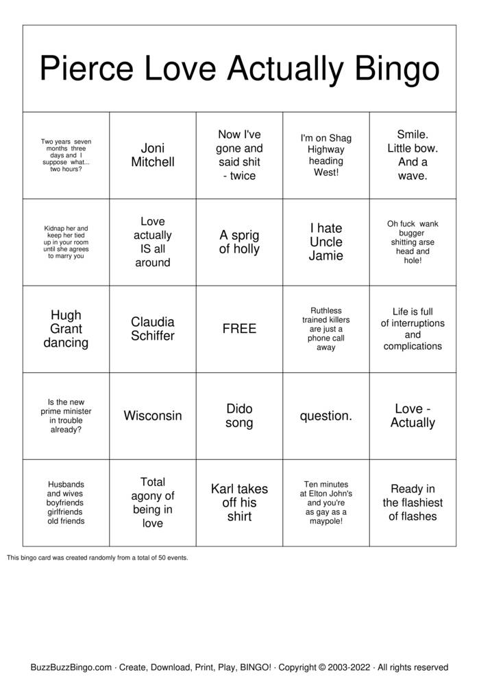 Love Actually Bingo Cards to Download, Print and Customize!