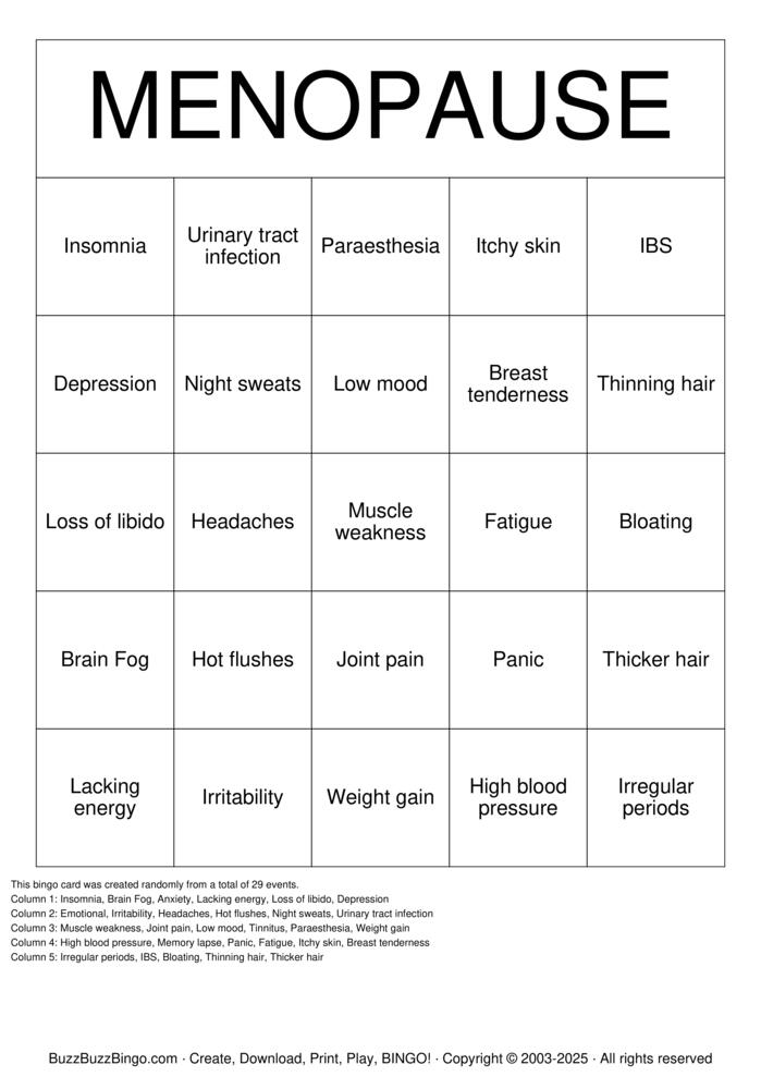 Menopause Bingo Cards to Download, Print and Customize!