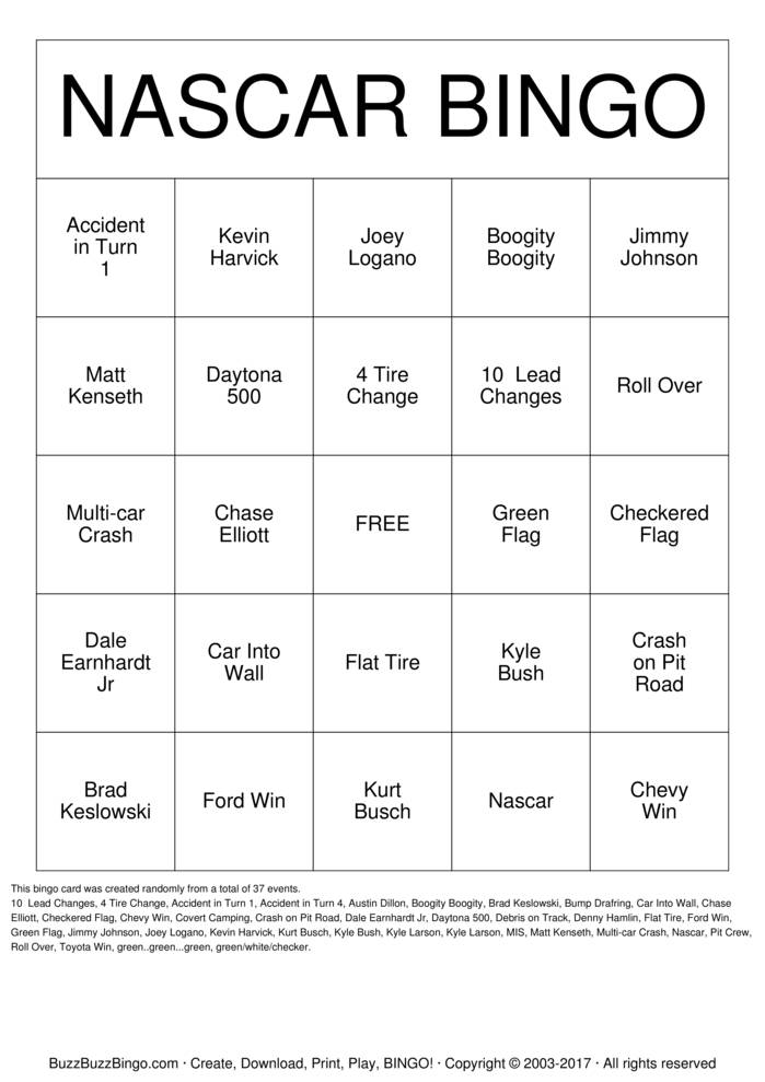 NASCAR Racing Bingo Cards to Download, Print and Customize!