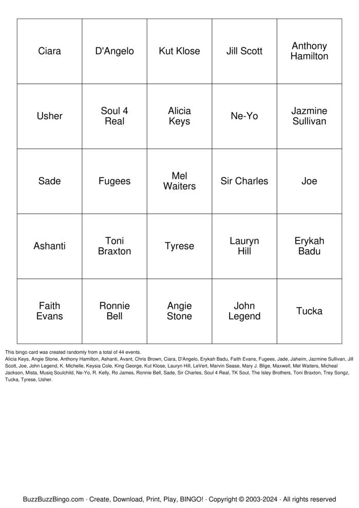 R n B call sheet Bingo Cards to Download, Print and Customize!