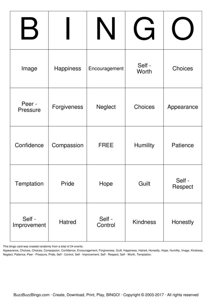 SELF BINGO Bingo Cards to Download, Print and Customize!