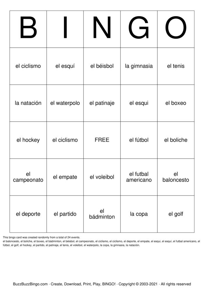 Spanish Sports Bingo Cards to Download, Print and Customize!