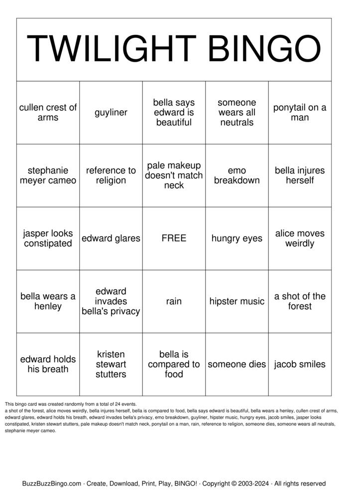 TWILIGHT BINGO Bingo Cards to Download, Print and Customize!