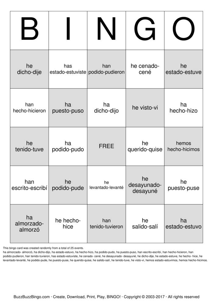Verbos in Preterite Bingo Cards to Download, Print and Customize!