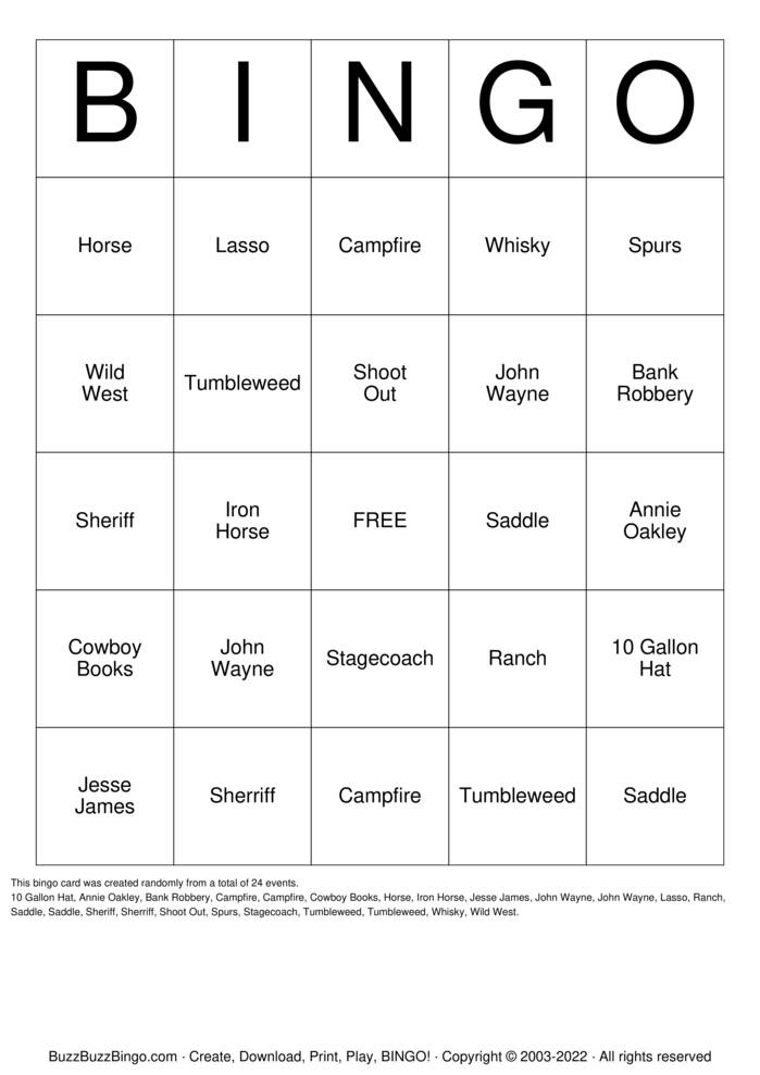 Wild West Bingo Cards to Download, Print and Customize!